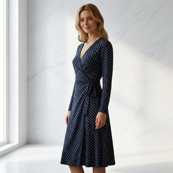 Carly Q | Dresses | Carly Q Navy Blue Polka Dot Wrap Dress Size | Poshmark